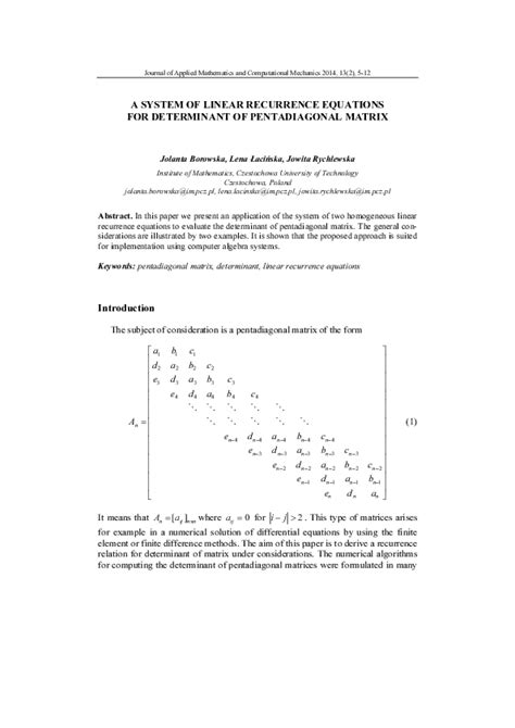 Pdf A System Of Linear Recurrence Equations For Determinant Of