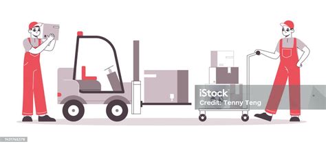 배달 서비스 물류 노동자 창고 팀 개요 배달 서비스 지게차 창고 소포 저장 노동자 벡터 일러스트 레이 션 세트 창고 개념 개념에