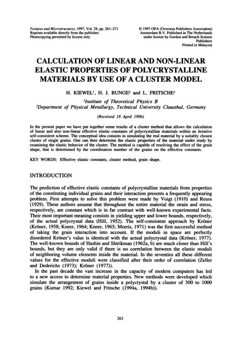 Pdf Calculation Of Linear And Non Linear Elastic Properties Of Polycrystalline Materials By