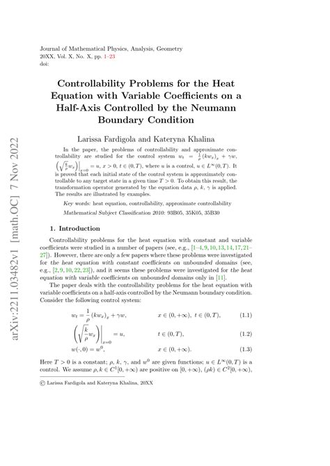 Pdf Controllability Problems For The Heat Equation With Variable Coefficients On A Half Axis