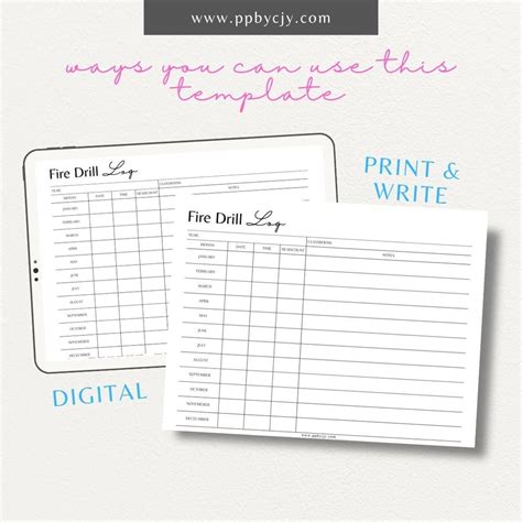 Fire Drill Log Printable Template Digital Download Safety Drill