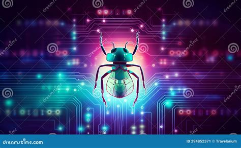 Neon Glowing Computer Bug Perched On Microchip Symbolizing Threat Of Software Bugs Stock Image