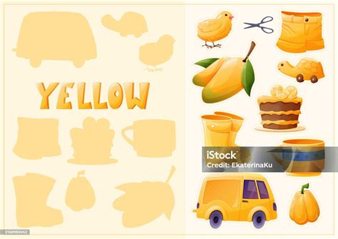 아이들이 색상을 공부할 수 있는 고립된 노란색 요소 세트입니다 미취학 아동을 위한 아동 도서 또는 교과서 벡터 만화 요소