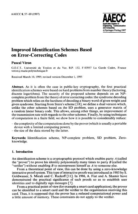 Pdf Improved Identification Schemes Based On Error Correcting Codes