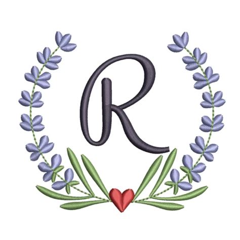Letter R Embroidery Design Lavender Wreath Embroidery