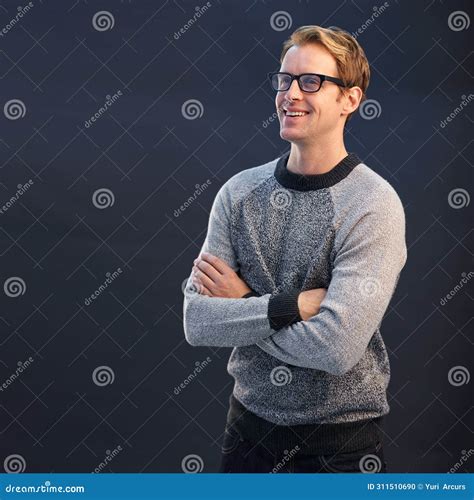 Man Thinking And Happy Nerd In Studio With Arms Crossed And