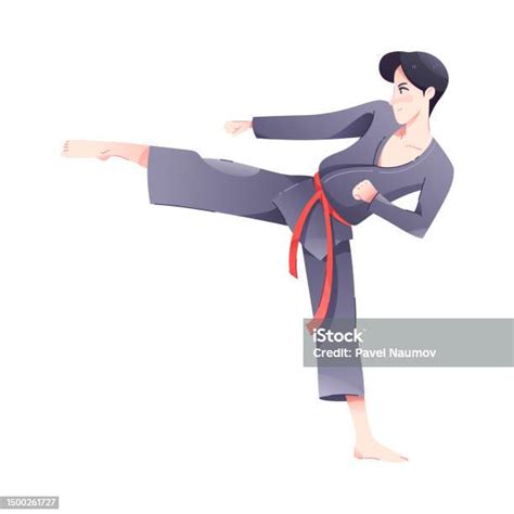 기모노를 입은 남자 캐릭터는 스포츠 신체 활동 벡터 일러스트레이션에 종사하는 가라테를 하고 있다 가냘픈에 대한 스톡 벡터 아트 및 기타 이미지 Istock