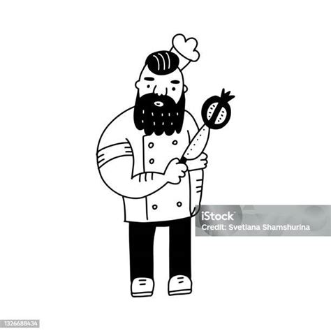 잔인한 손으로 칼과 석류와 수염 을 그린 추장 멋진 낙서 Vactor 일러스트 N 흑백 그리기에 대한 스톡 벡터 아트 및 기타