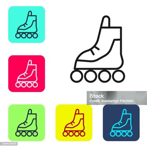 흰색 배경에 격리 된 검은 줄 롤러 스케이트 아이콘 색상 정사각형 단추로 아이콘을 설정합니다 벡터 일러스트레이션 검은색에 대한 스톡 벡터 아트 및 기타 이미지 Istock