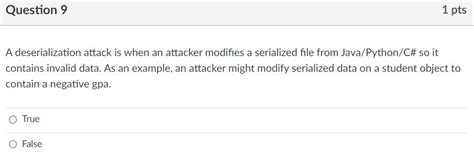 Solved A Deserialization Attack Is When An Attacker Modifies