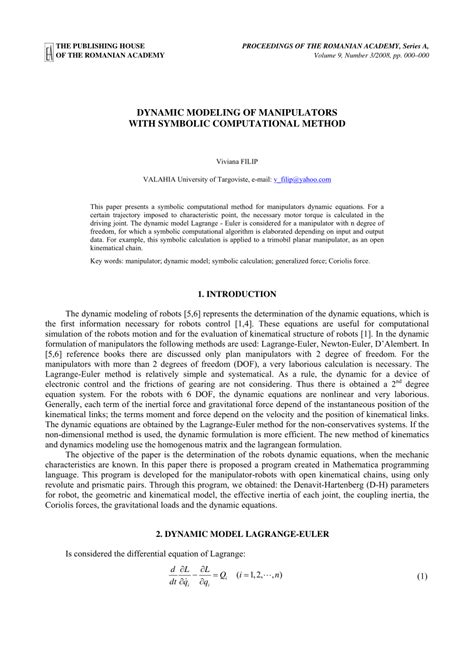 Pdf Dynamic Modeling Of Manipulators With Symbolic Computational Method