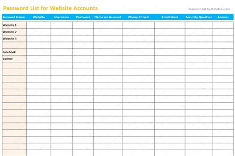 Password List Template Excel Dotxes