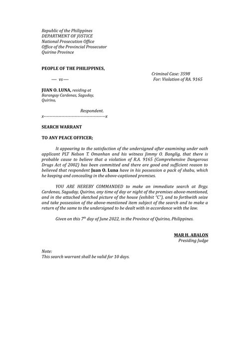 Search Warrant Sample Republic Of The Philippines DEPARTMENT OF JUSTICE National Prosecution