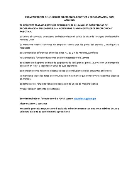 Examen Parcial Del Curso De Electronica Robotica Y Programacion Con