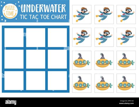 Vector Under The Sea Tic Tac Toe Chart With Diver And Submarine Ocean
