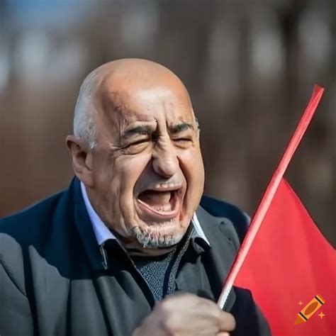 Portrait Of Politician Boyko Borissov Screaming With A Red Flag In A
