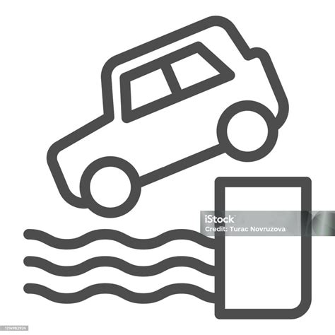 물 자동차 사고 라인 아이콘입니다 바다 기호로 떨어지는 차량 흰색 배경에 윤곽 스타일 그림 모바일 컨셉 및 웹 디자인을 위한 안전한 운전 표지판 벡터 그래픽 강에 대한 스톡