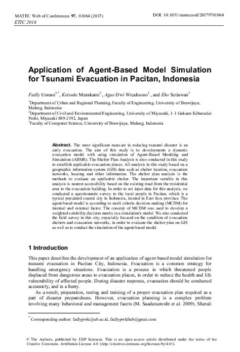 Pdf Application Of Agent Based Model Simulation For Tsunami Evacuation In Pacitan Indonesia