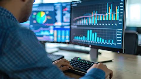 An Analyst Sitting In Front Of Multiple Computer Screens Immersed In Data Analysis And Business