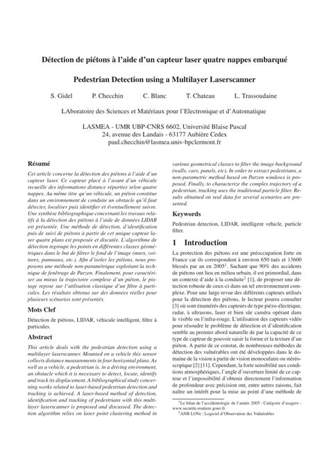 Pdf Détection De Piétons à Laide Dun Capteur Laser Quatre Nappes Embarqué Pedestrian