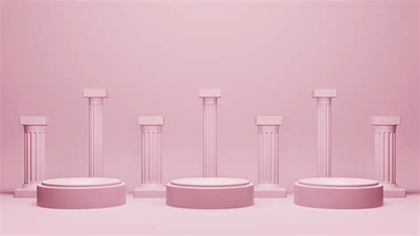 고대 그리스 스타일의 분홍색 연단 받침대 사실적인 3d 일러스트레이션 대리석 식민지와 고전적인 기둥이있는 분홍색 방에서 최소한의 장면 3차원 형태에 대한 스톡 사진 및 기타