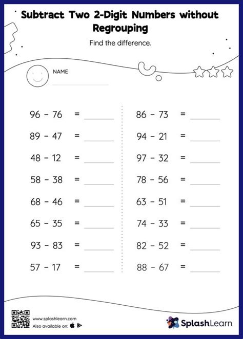 Subtract Two 2 Digit Numbers Without Regrouping Horizontal Subtraction Math Worksheets