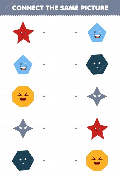 어린이를 위한 교육 게임은 귀여운 만화 별 오각형 팔각형 육각형 인쇄 가능한 기하학적 모양 워크시트의 동일한 그림을 연결합니다 프리미엄 벡터