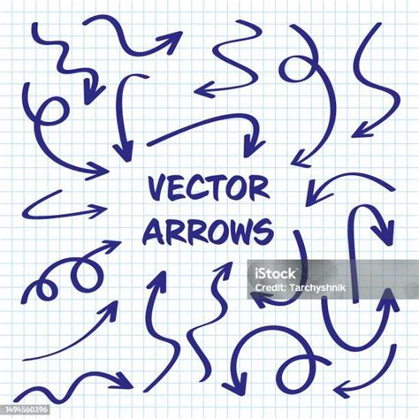 바둑판 무늬 종이 시트에 손으로 그린 화살표 그림을 그리기 위한 학교 공책 낙서 화살표 아이콘 간단한 단색 포인터 실루엣 윤곽선 라인 아트 벡터 그림 개체 그룹에 대한 스톡