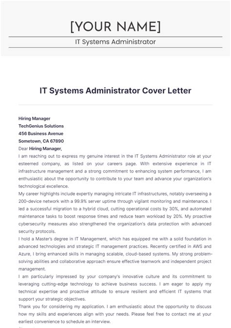 Free It Systems Administrator Cover Letter Template To Edit Online