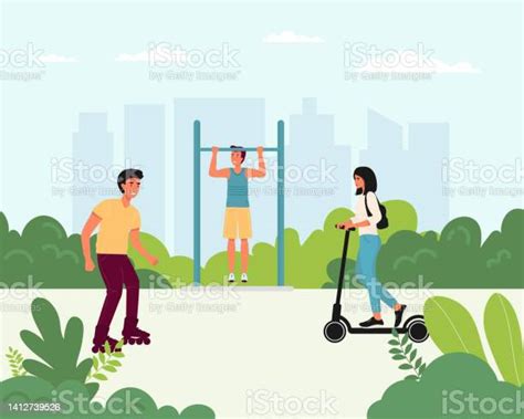 공원에 쉬고있는 공원 젊은이들이있는 현대 녹색 생태 도시 벡터 일러스트 레이 션 개에 대한 스톡 벡터 아트 및 기타 이미지 개 개념 개념과 주제 Istock