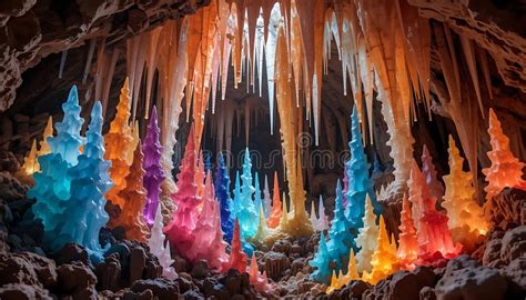 Colorful Stalagmites And Stalactites Adorn Underground Cave Interior
