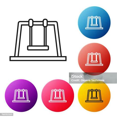 흰색 배경에 격리 된 검은 선 스윙 아이콘입니다 놀이터 기호입니다 아이콘 다채로운 원 버튼을 설정합니다 벡터 일러스트레이션 가구에 대한 스톡 벡터 아트 및 기타 이미지
