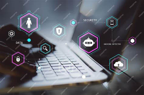 Premium Photo Holographic Security Icons Over Laptop Keyboard Indicating Data Protection And