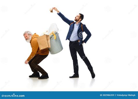 Sorting Garbage Types Two Men With Trash Bins On Backs Cleaning Taking Care After Planet