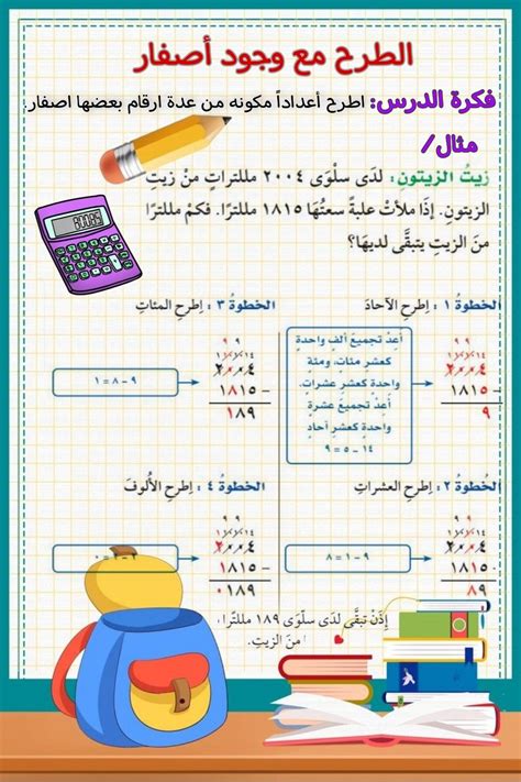 ملخص درس الطرح مع وجود اصفار الصف الرابع