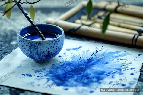 Ai创作图青花文具 毛笔水乳交融 颜料笔墨纸砚美术绘画 青花画彩 流彩画艺 非遗扎染 青花绘画艺术 颜料毛笔笔墨纸砚 染坊手绘 青花毛笔 研墨 笔墨文化 水墨文具 毛笔晕染墨韵 非遗土染工艺