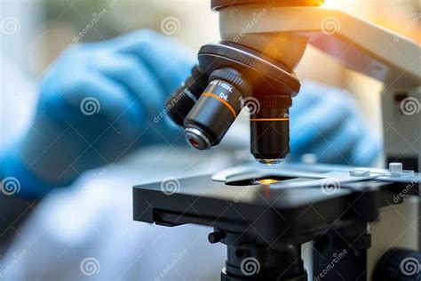 Close Up Of A Laboratory Microscope Objective Lens With A Scientist In The Background Stock