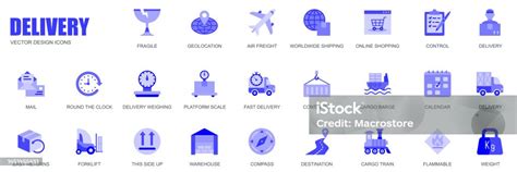 간단한 평면 디자인으로 설정된 웹 아이콘의 배달 개념 깨지기 쉬운 지리적 위치 항공화물 전세계 배송 제어 우편 화물 계량 및 기타 팩 모바일 앱에 대 한 벡터 파란색