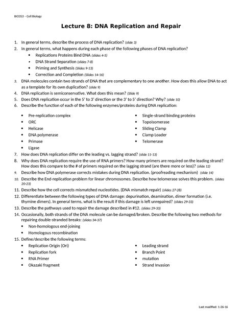 Study Guide Lecture 8 DNA Replication And Repair Tagged BIO353 Cell Biology Lecture 8