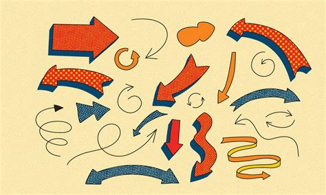 Various Cartoon Colorful Playful Arrow Pointers Set Or Collection In Trendy Outline Style