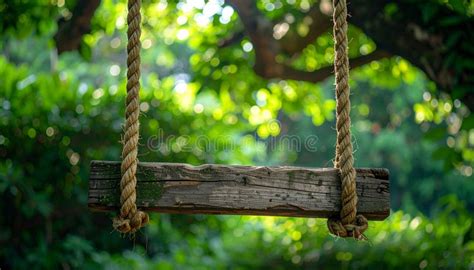 Weathered Wooden Swing Seat Suspended From Thick Ropes In Lush Green