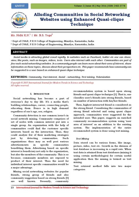 Alluding Communities In Social Networking Websites Using Enhanced Quasi Clique Techni By Ijmtst