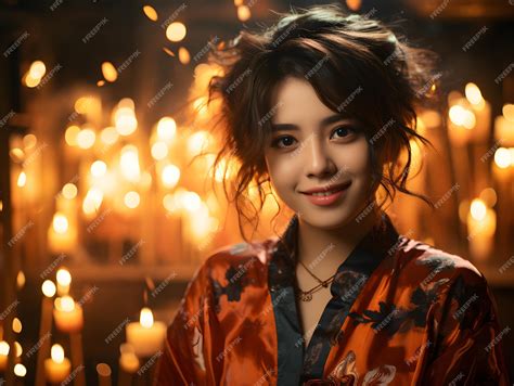 Premium Photo Beautiful Short Haired Asian Woman In Traditional Dress With Blurred Lantern