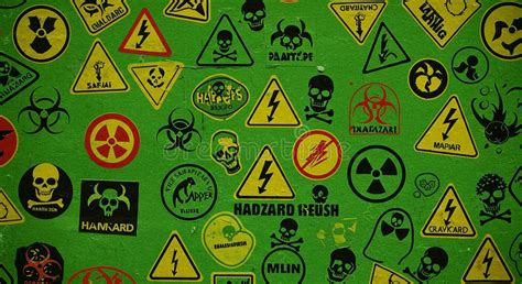 Collage Of Various Hazard Signs Against A Green Background Symbols