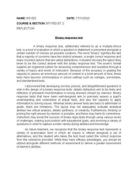 15 Binary Response Test Name Reyes Date 17 11 Course And Section Btvted Et 2 Reflection