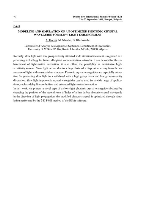 Pdf Modeling And Simulation Of An Optimized Photonic Crystal Waveguide For Slow Light Enhancement