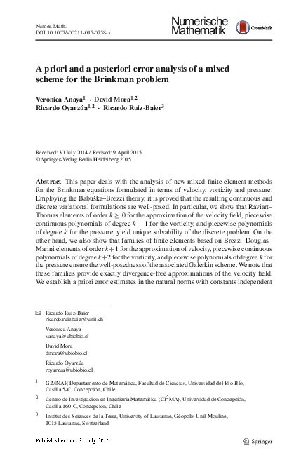 Pdf A Priori And A Posteriori Error Analysis Of A Mixed Scheme For The Brinkman Problem