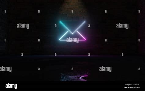 3d Rendering Of Blue Violet Neon Symbol Of Paper Close Envelope On Dark Brick Wall Background