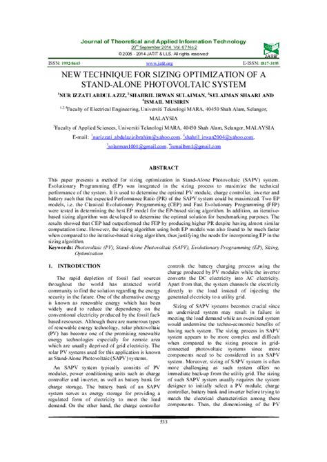Pdf New Technique For Sizing Optimization Of A Stand Alone Photovoltaic System