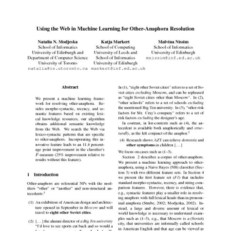 Using The Web In Machine Learning For Other Anaphora Resolution Acl Anthology